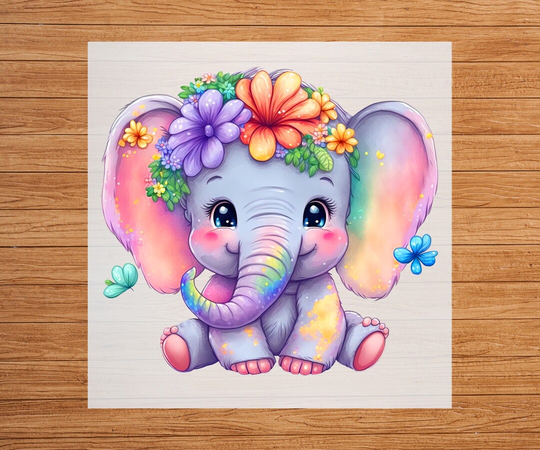 Baby Elephant Clipart DTF Transfer, Rainbow Design, Ideal Customizing ...
