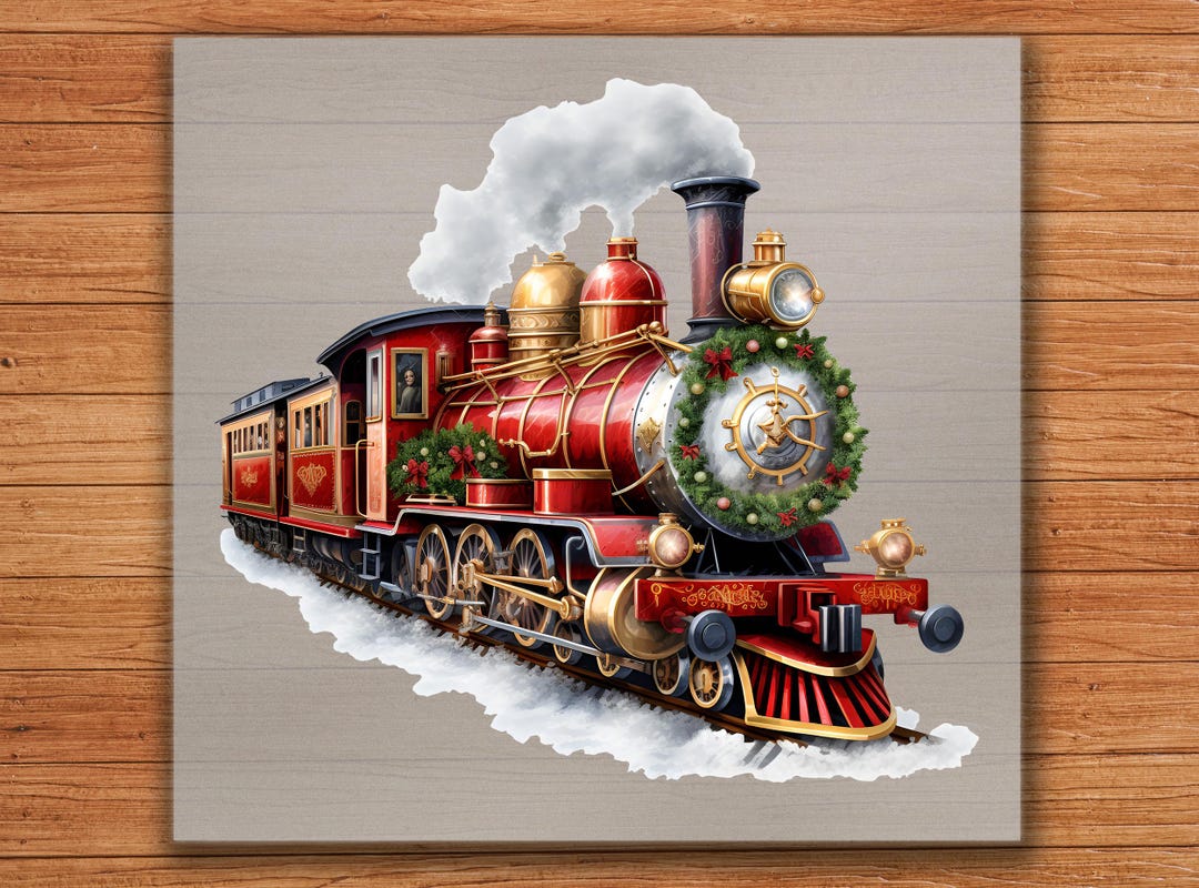 Vintage Christmas Train DTF Transfer, Festive Red Steam Engine With ...