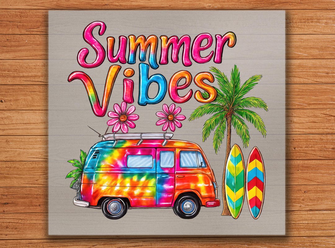 Rainbow Minivan and Surf Scene DTF Transfer, Tropical Summer Adventure ...