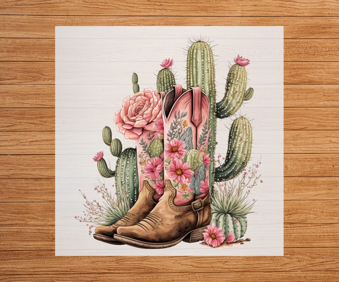 Cowgirl Boots & Cactus Western DTF Transfer, Chic and Rustic Design ...