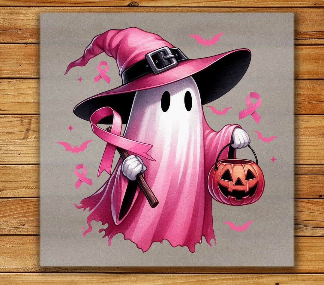 Breast Cancer Witch Ghost DTF Transfer, Pink Ribbon Halloween, Simple ...