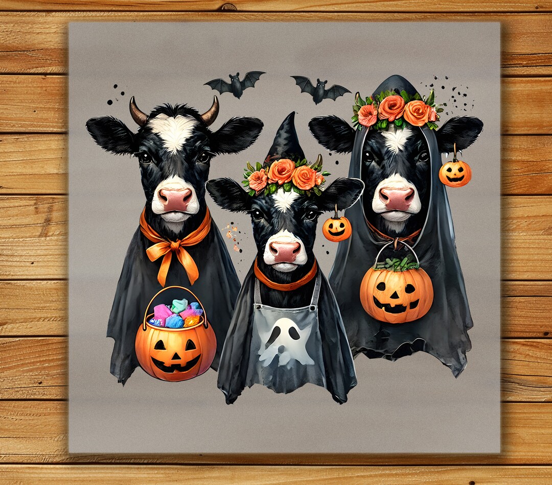 Halloween Cow Trio DTF Transfer, Spooky Cows With Pumpkins Design ...
