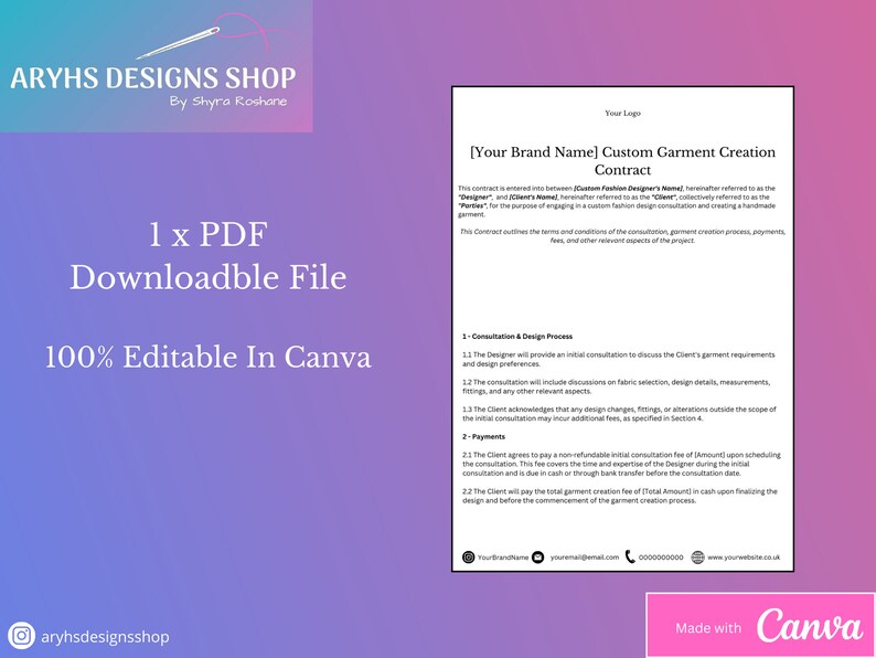 Simple Custom Garment Contract Template - 100% Canva Editable - Simple ...