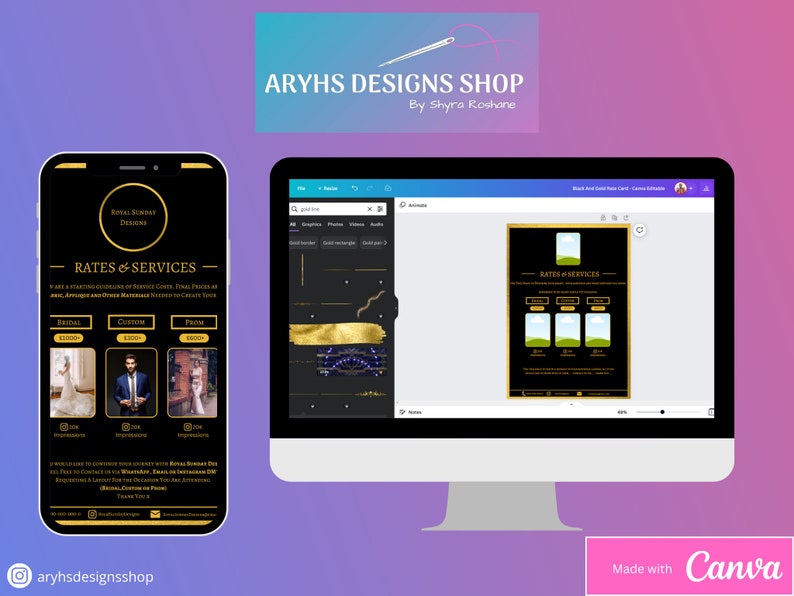 DIY Simple Black and Gold Fashion Designer Rate Card Canva Editable ...