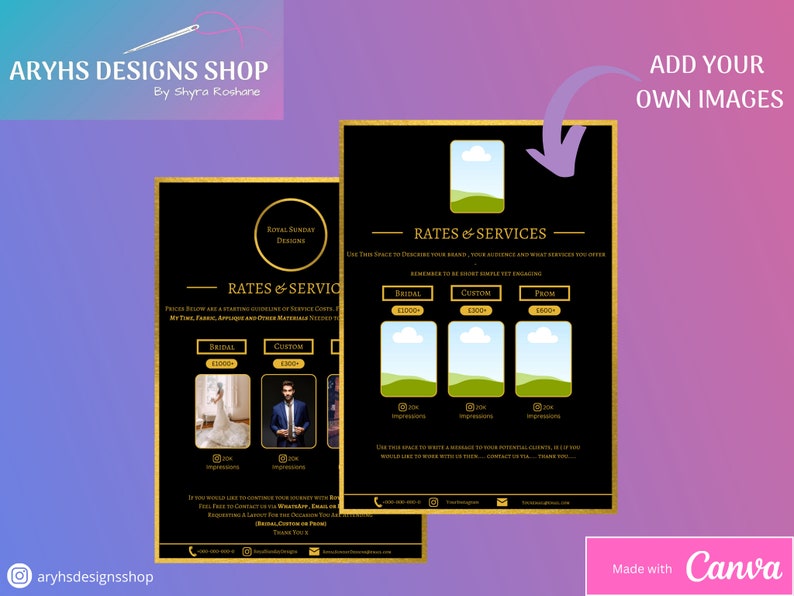 DIY Simple Black and Gold Fashion Designer Rate Card Canva Editable ...