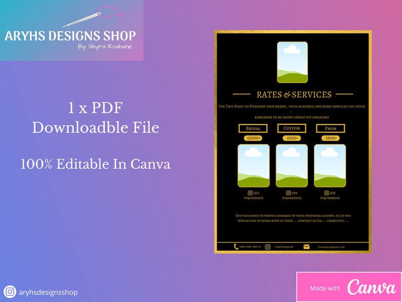 DIY Simple Black and Gold Fashion Designer Rate Card Canva Editable ...