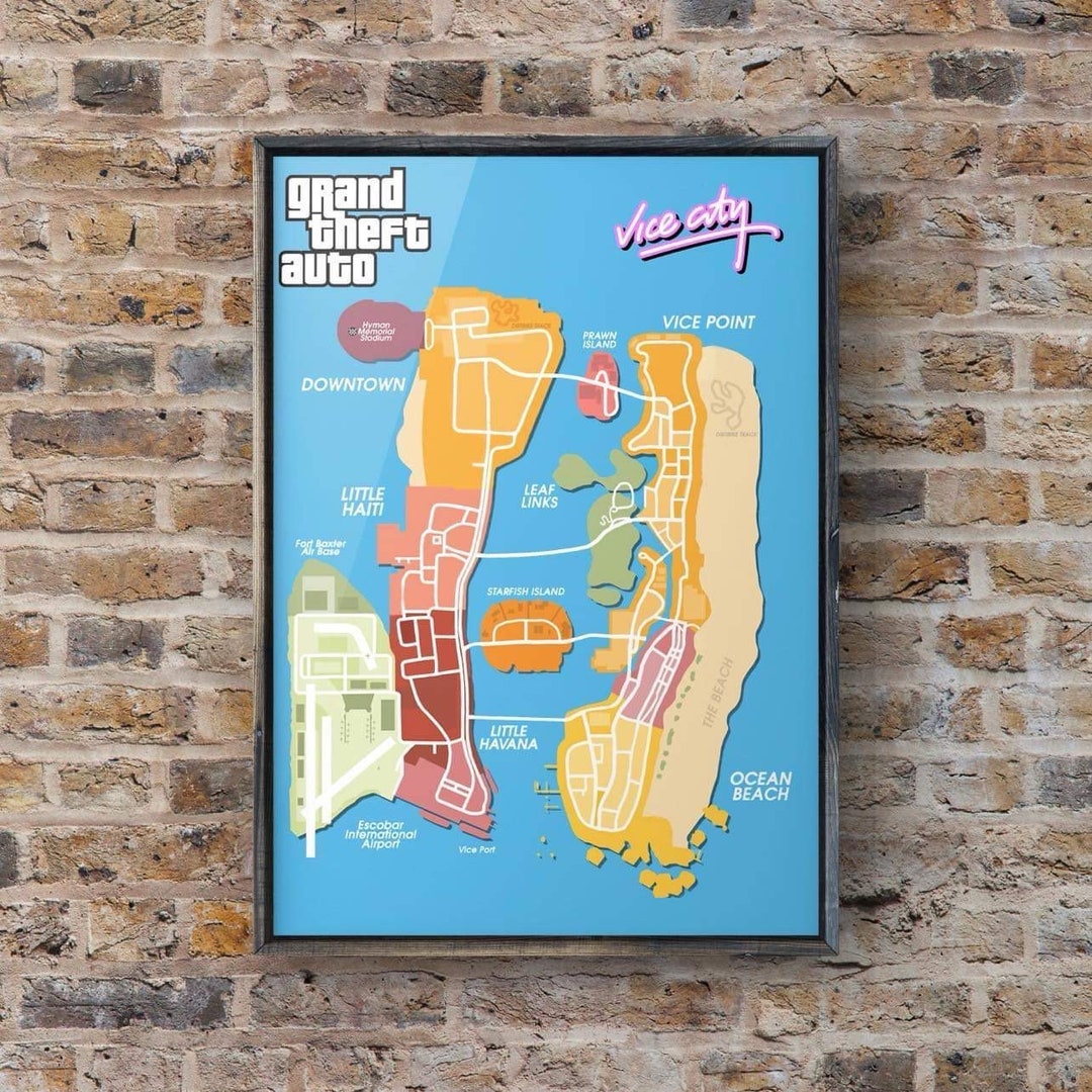 Grand Theft Auto Vice City Map GTA Poster GTA Wall Art Gaming Poster ...