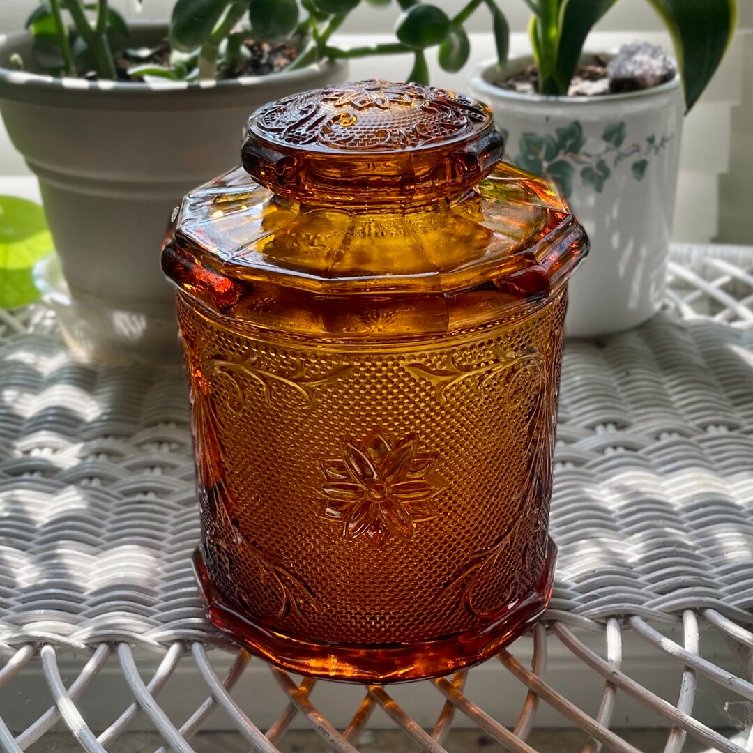 Vintage Amber Tiara Glass Sandwich Medium Canister With Lid Double Wick ...