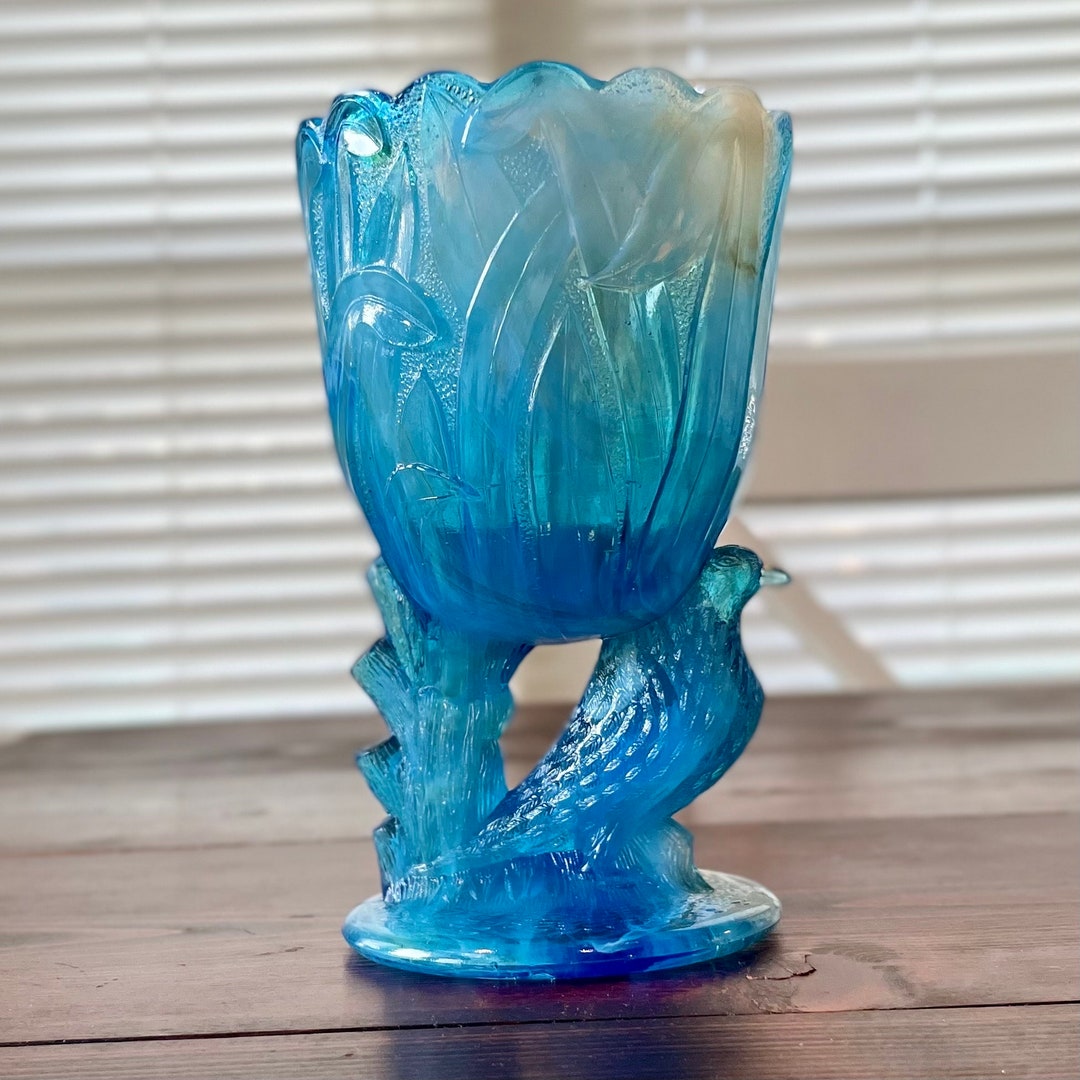 Vintage Blue & White Slag Glass Art Goblet With Bird Stem Soy Wax ...