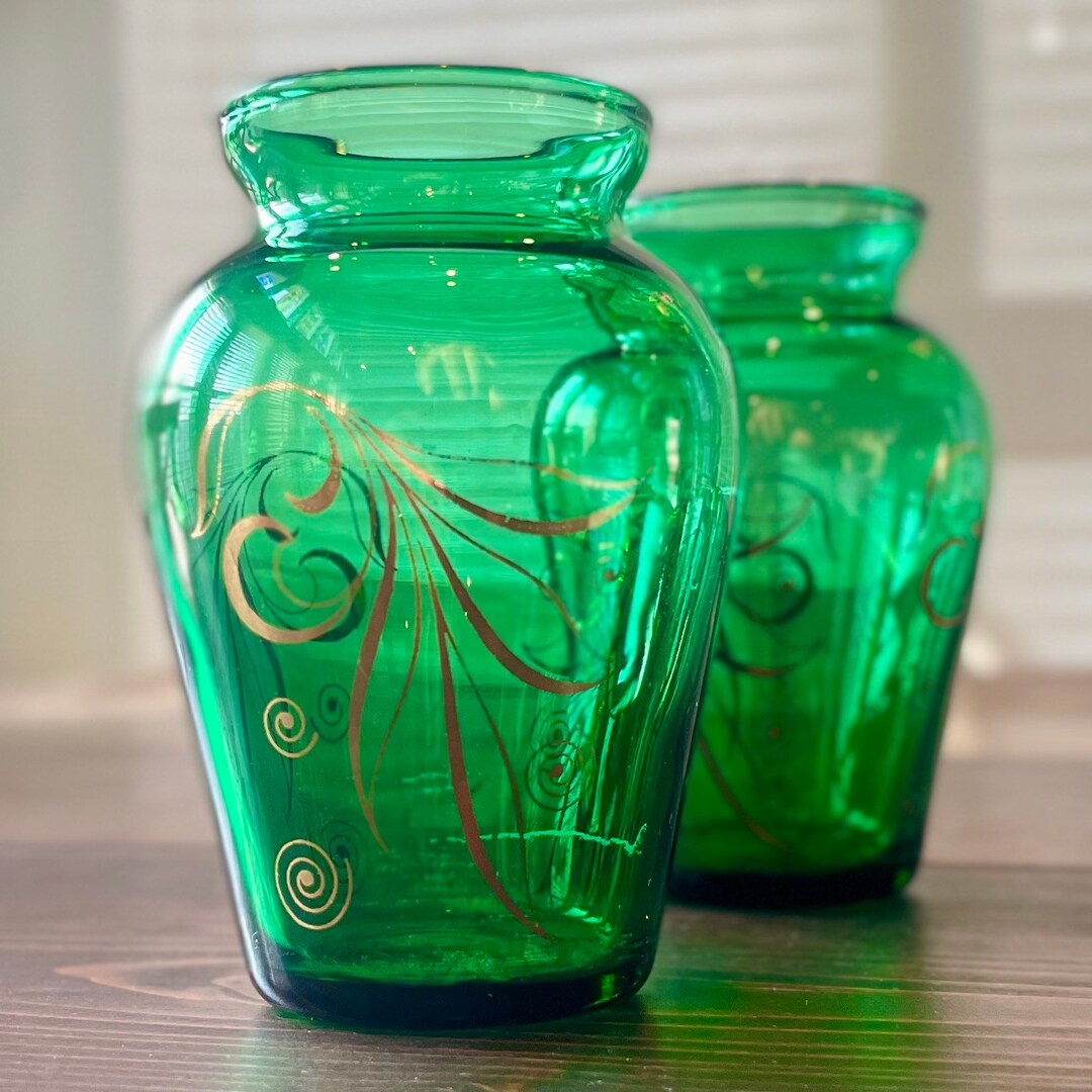 Pair of Emerald Green Glass With Gold 4” Vintage Bud Vase - Emerald ...