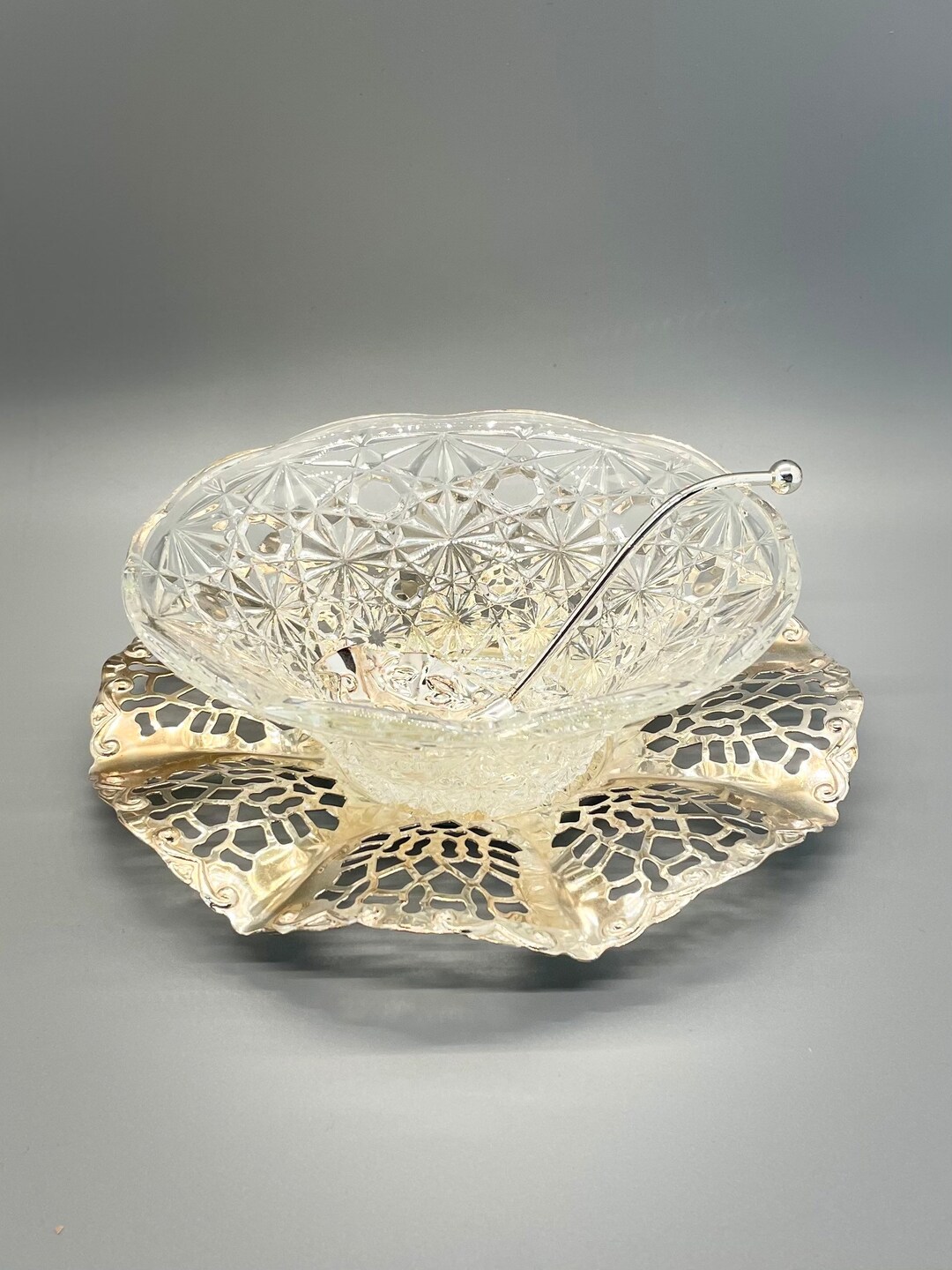 Vintage Queen Anne Glass Party Dish With Silver-plated Tray and Spoon ...