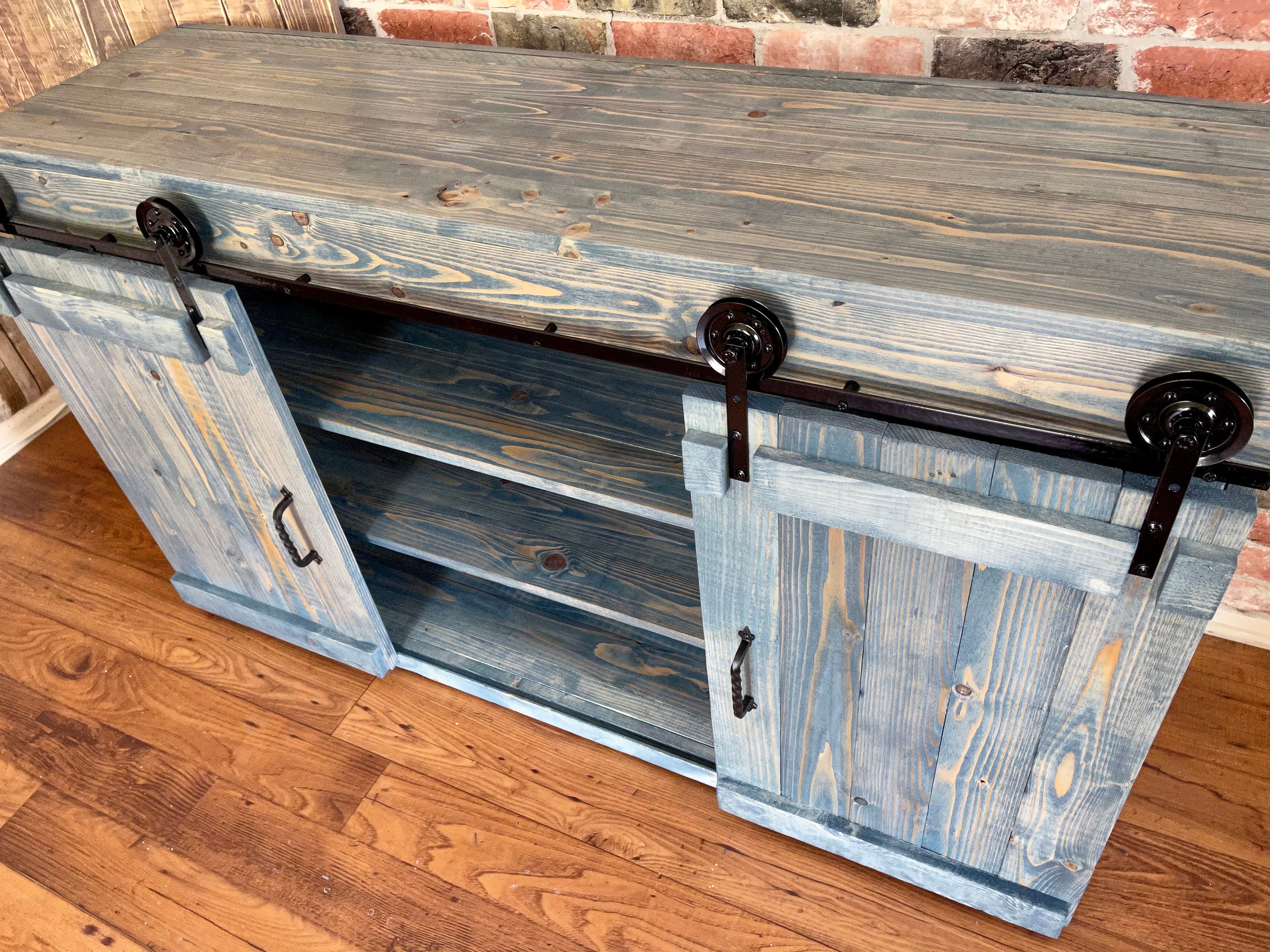 Beach Blue Coffee Bar W/ Sliding Barn Doors. Farmhouse Cabin Mountain ...