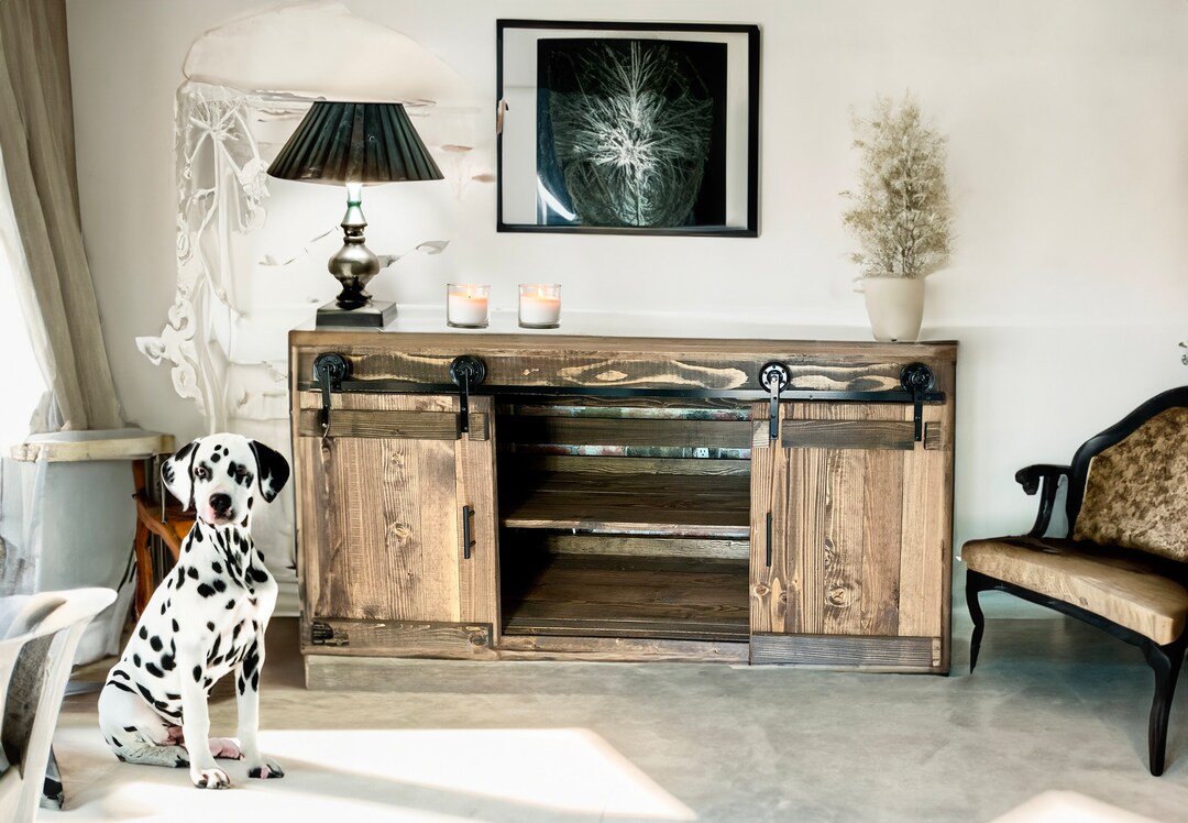 Rustic Media Stand Barn Doors TV Console Buffet Cabinet Coffee Bar ...