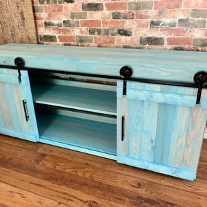 Blue Ocean Beach Coastal TV Stand Console Table With Barn Doors ...