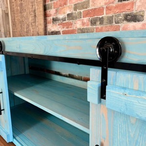 Blue Ocean Beach Coastal TV Stand Console Table With Barn Doors ...