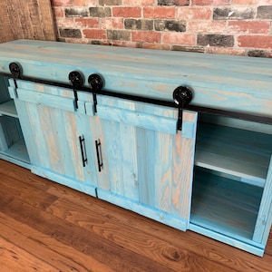 Blue Ocean Beach Coastal TV Stand Console Table With Barn Doors ...