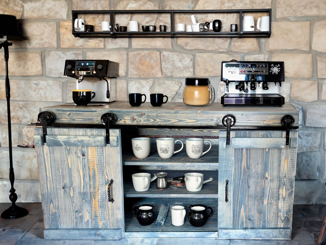 Beach Blue Coffee Bar W/ Sliding Barn Doors. Farmhouse Cabin Mountain ...
