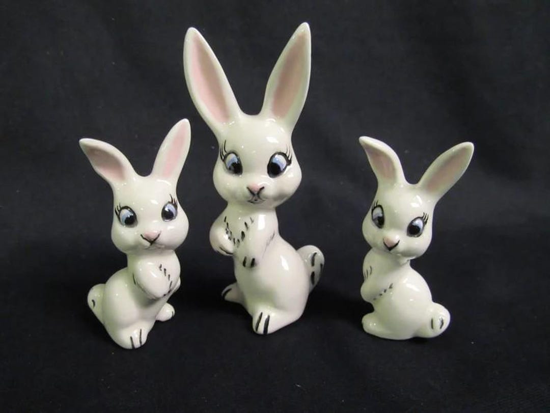 Vintage Miniature Hand Painted White Ceramic Bunny Rabbit Family, Set ...