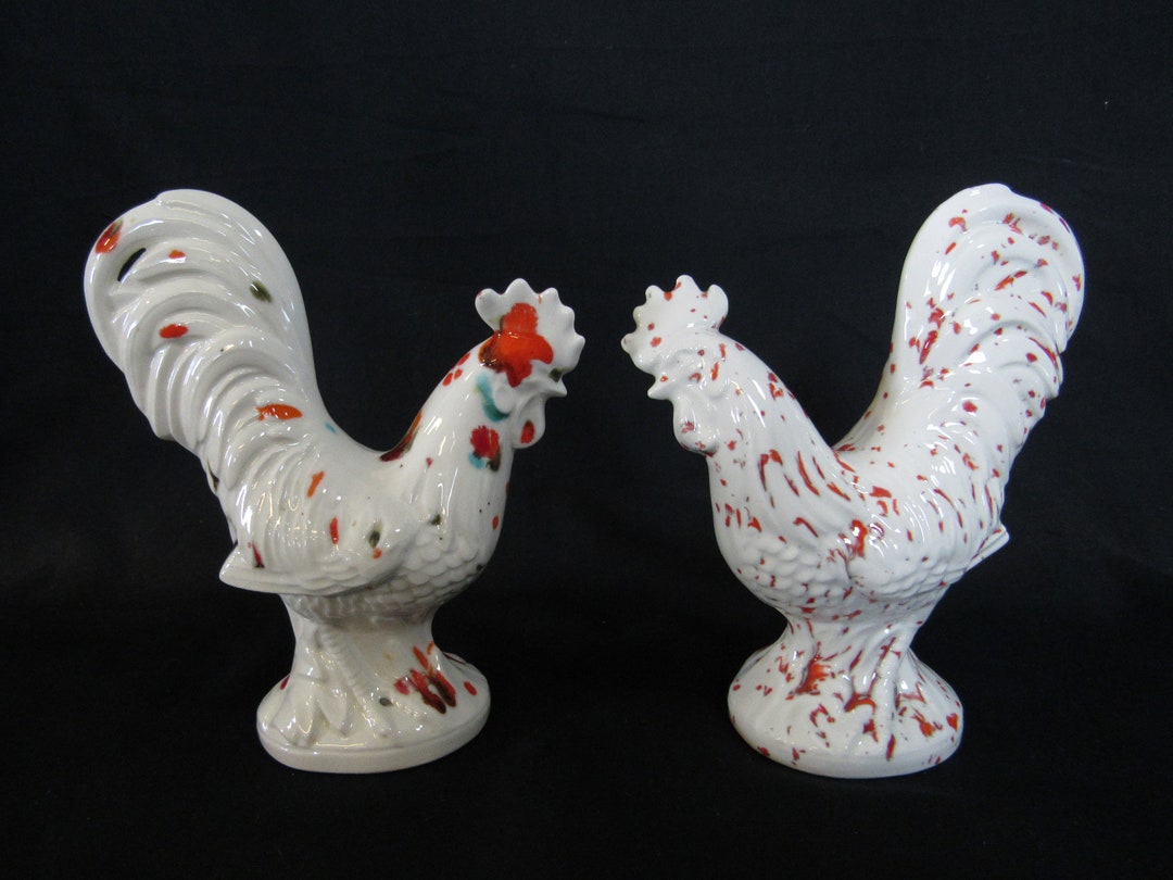 2 Ceramic Rooster Chicken 5.75” Figurines Hand Painted Speckled ...