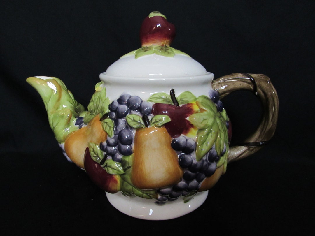 Home Interiors Sonoma Villa Fruit Teapot 7.5" Hand Painted Raised Fruit Motif Ceramic Tea Pot ...