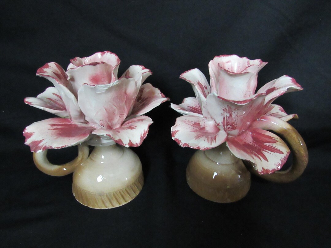 Pair Capodimonte Style Hand Crafted Rose Taper Candle Holders With ...
