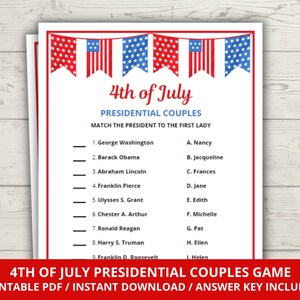Presidential Couples Matching Game, 4th of July Match the Presidential ...