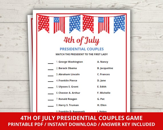 Presidential Couples Matching Game 4th of July Match the - Etsy