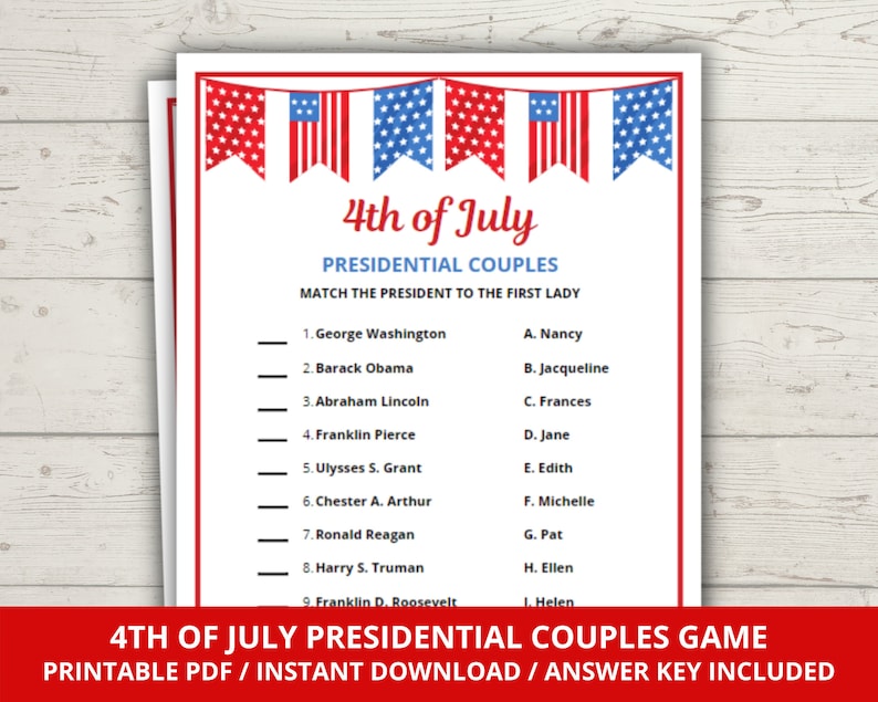 Presidential Couples Matching Game, 4th of July Match the Presidential ...