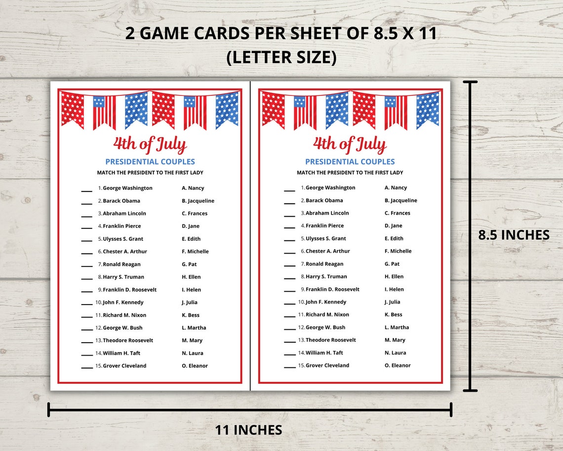 Presidential Couples Matching Game, 4th of July Match the Presidential ...