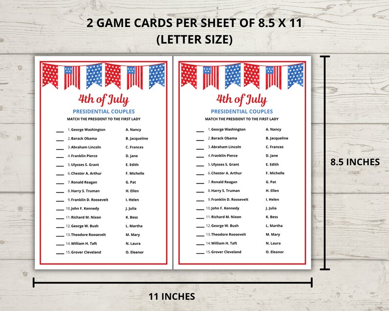 Presidential Couples Matching Game, 4th of July Match the Presidential ...