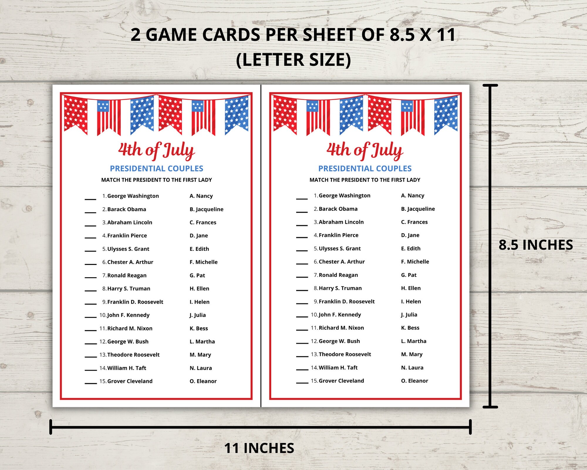 Presidential Couples Matching Game, 4th of July Match the Presidential ...