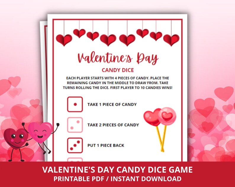 Valentine's Day Candy Dice Game, Valentines Day Party Games, Valentines ...