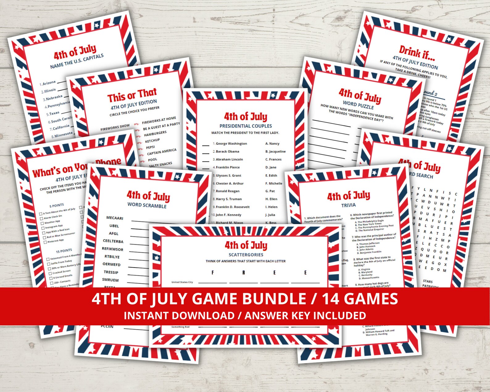 4th of July Games Printable, 4th of July Games Bundle, Independence Day ...