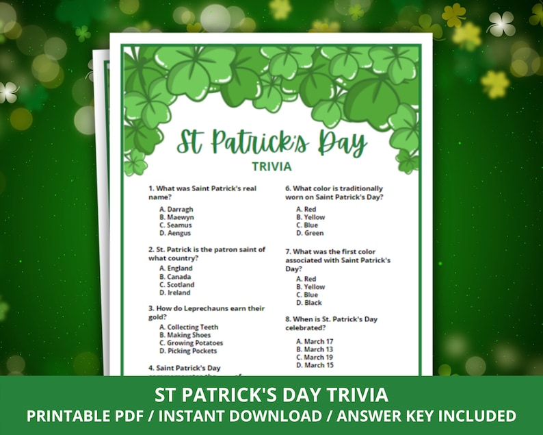 St Patrick's Day Trivia Game, Printable St Patricks Day Games, St Patty ...
