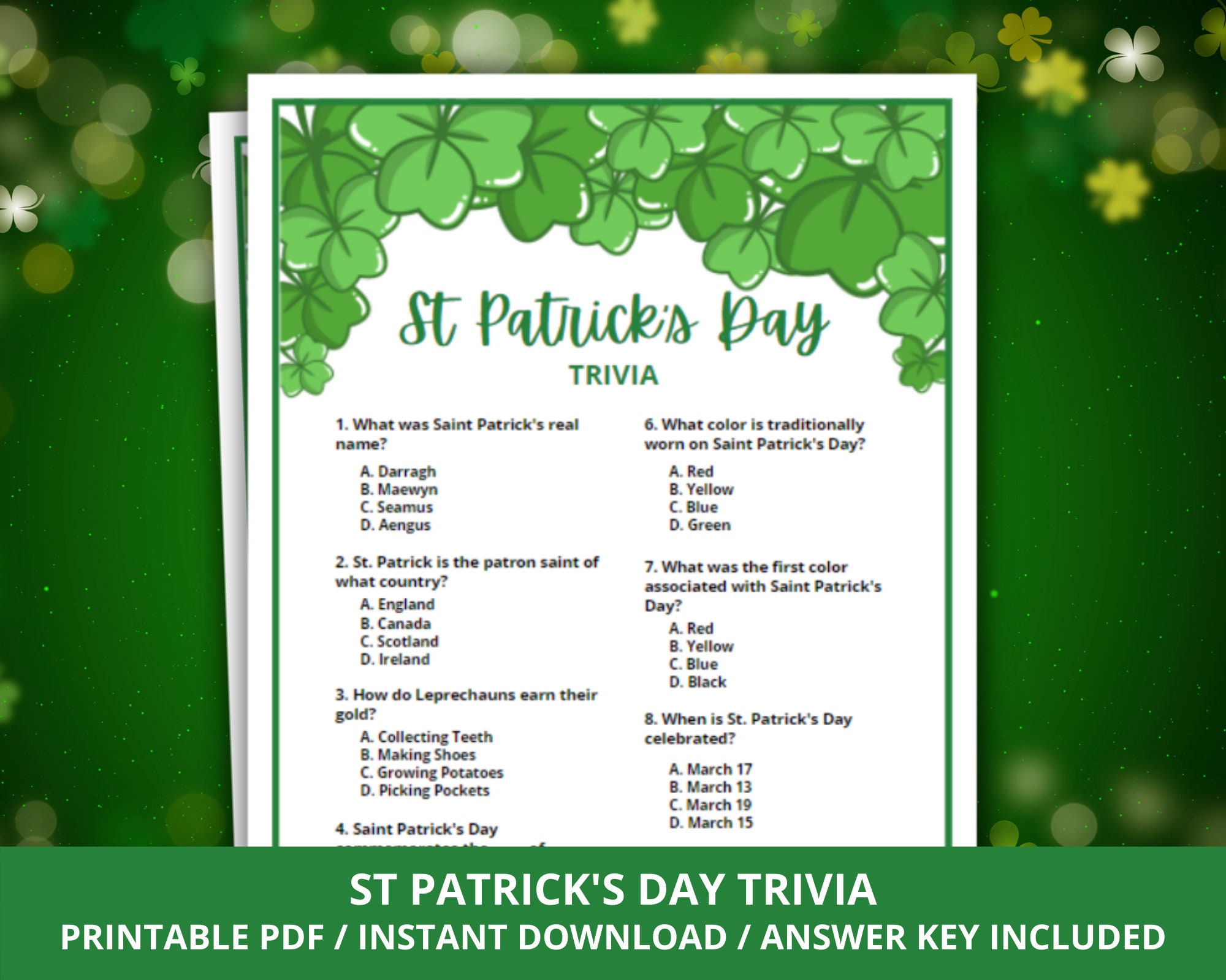 St Patrick's Day Trivia Game, Printable St Patricks Day Games, St Patty ...