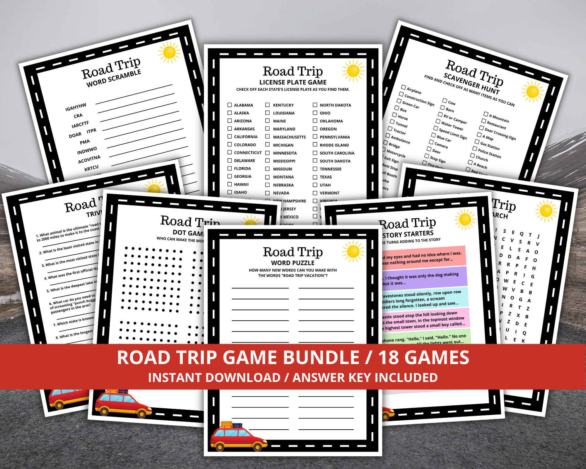 Road Trip Games, Road Trip Activity Pack, Printable Road Trip Games for ...