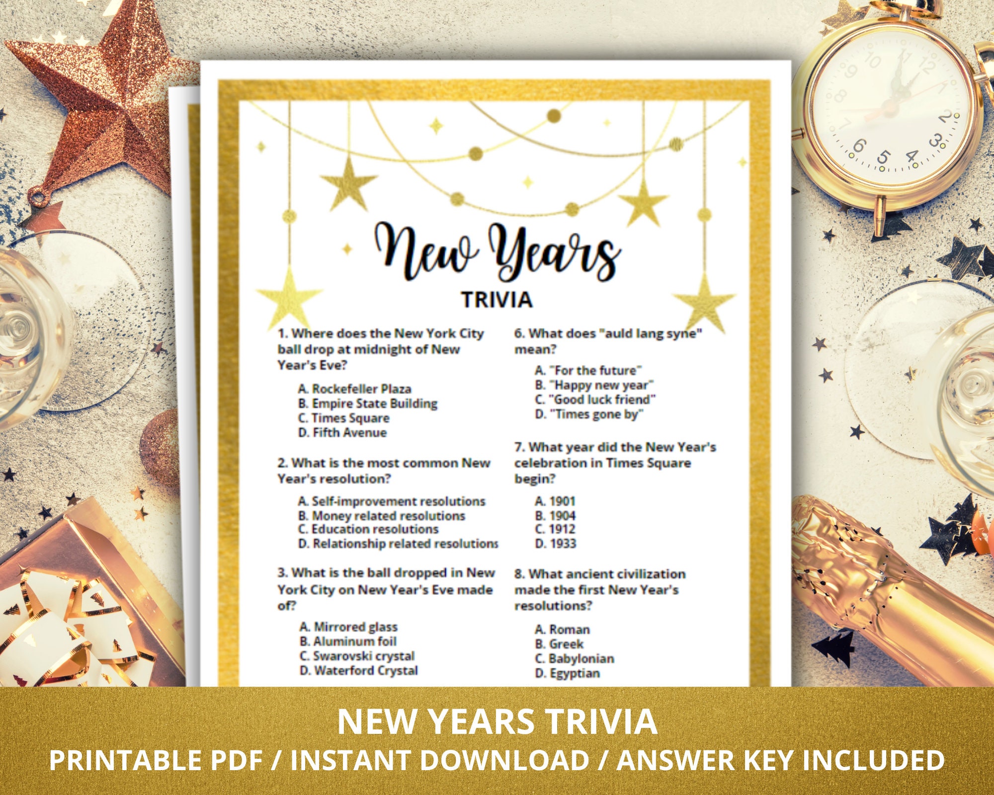 New Years Trivia Game, New Years Eve Party Game, New Years Printable ...