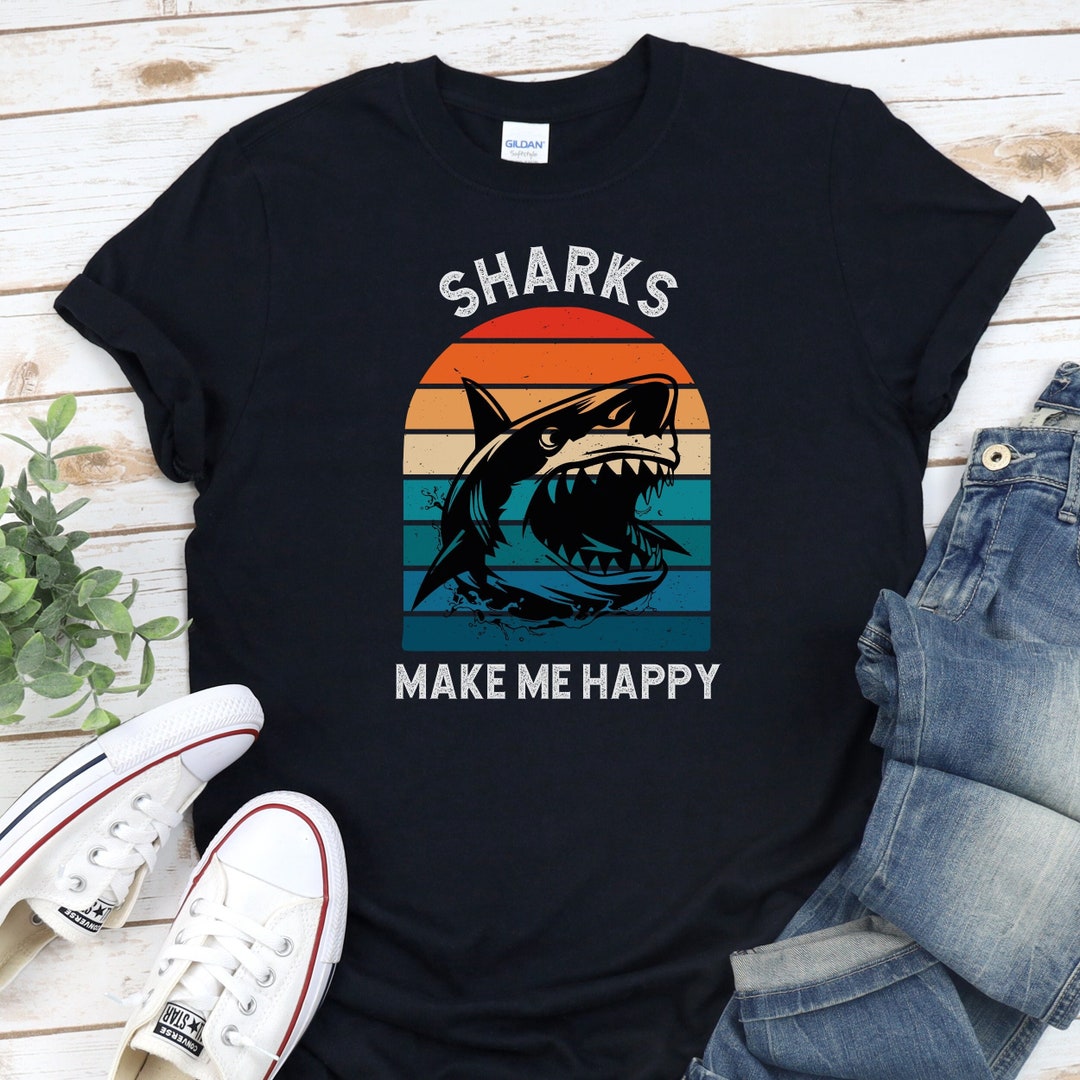 Shark Gifts for Men and Women: Sharks Make Me Happy Shirt, White Shark ...