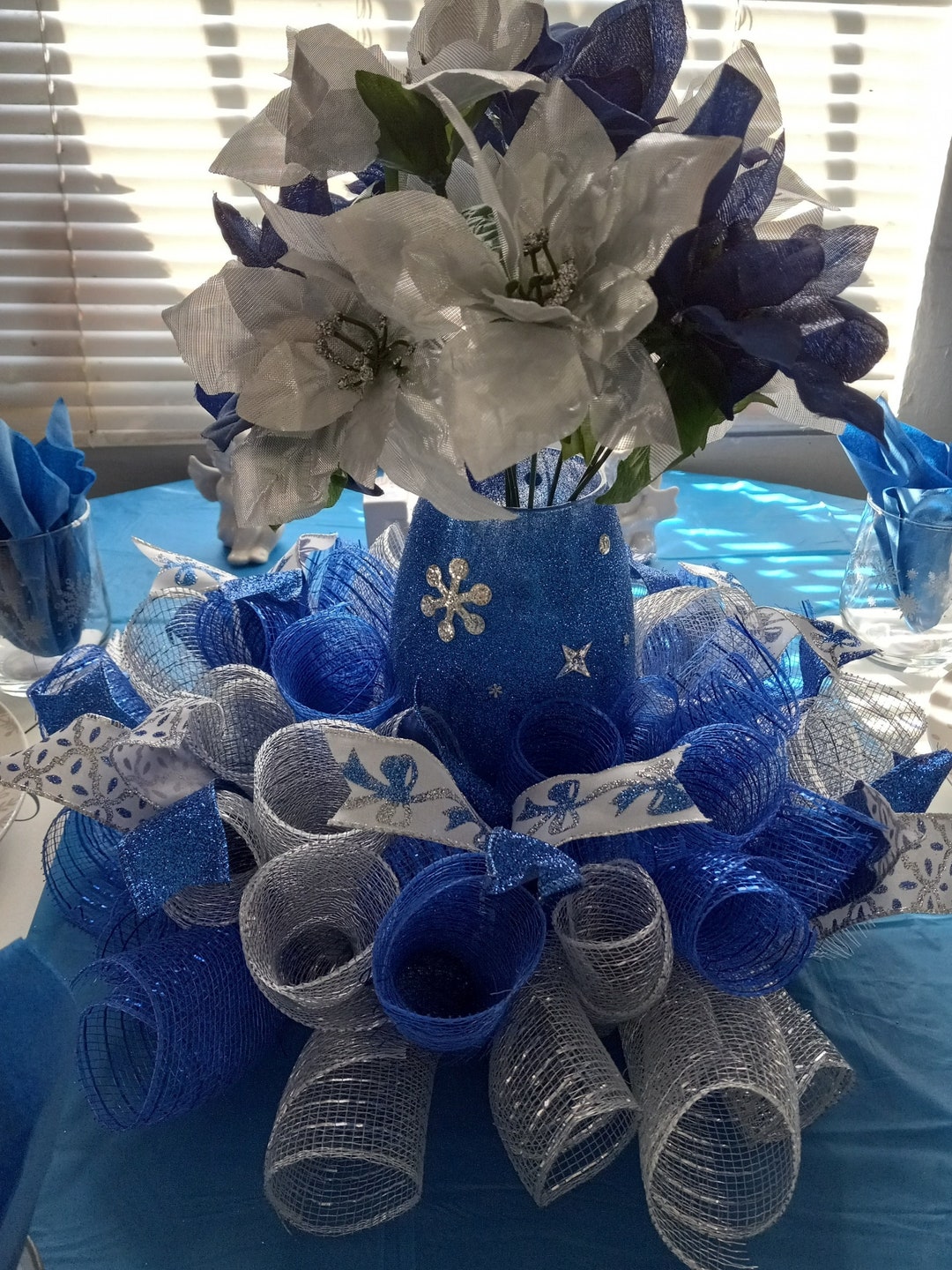 Royal Blue & Silver Centerpiece,christmas Centerpiece, Small Wreath, - Etsy
