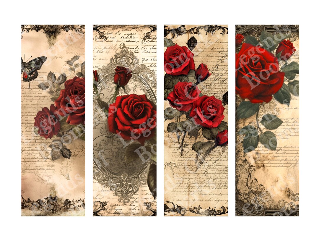 Printable Gothic Red Rose Bookmarks | Set of 4 Bundle | Floral Bookmark ...