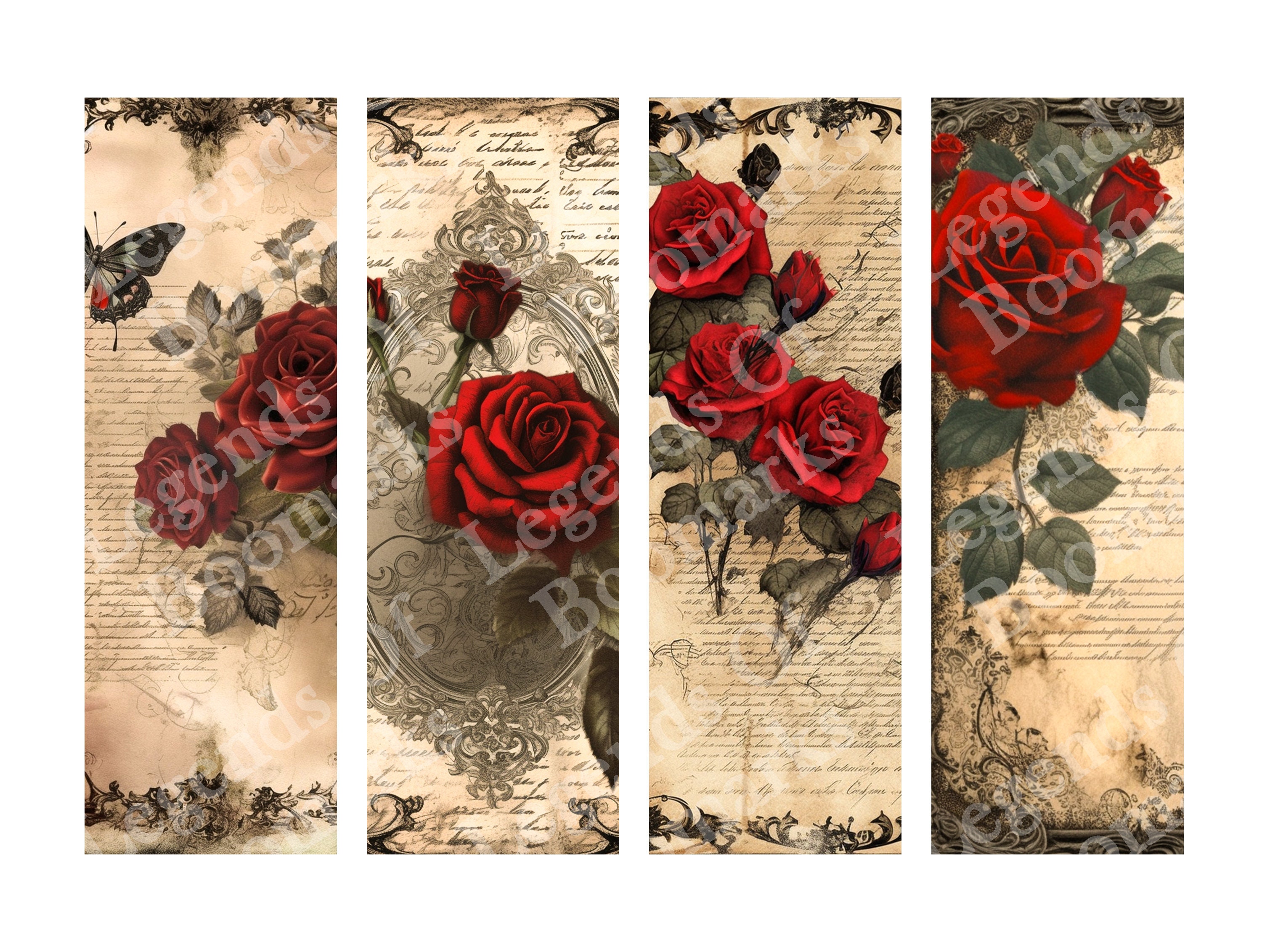 Printable Gothic Red Rose Bookmarks | Set of 4 Bundle | Floral Bookmark ...