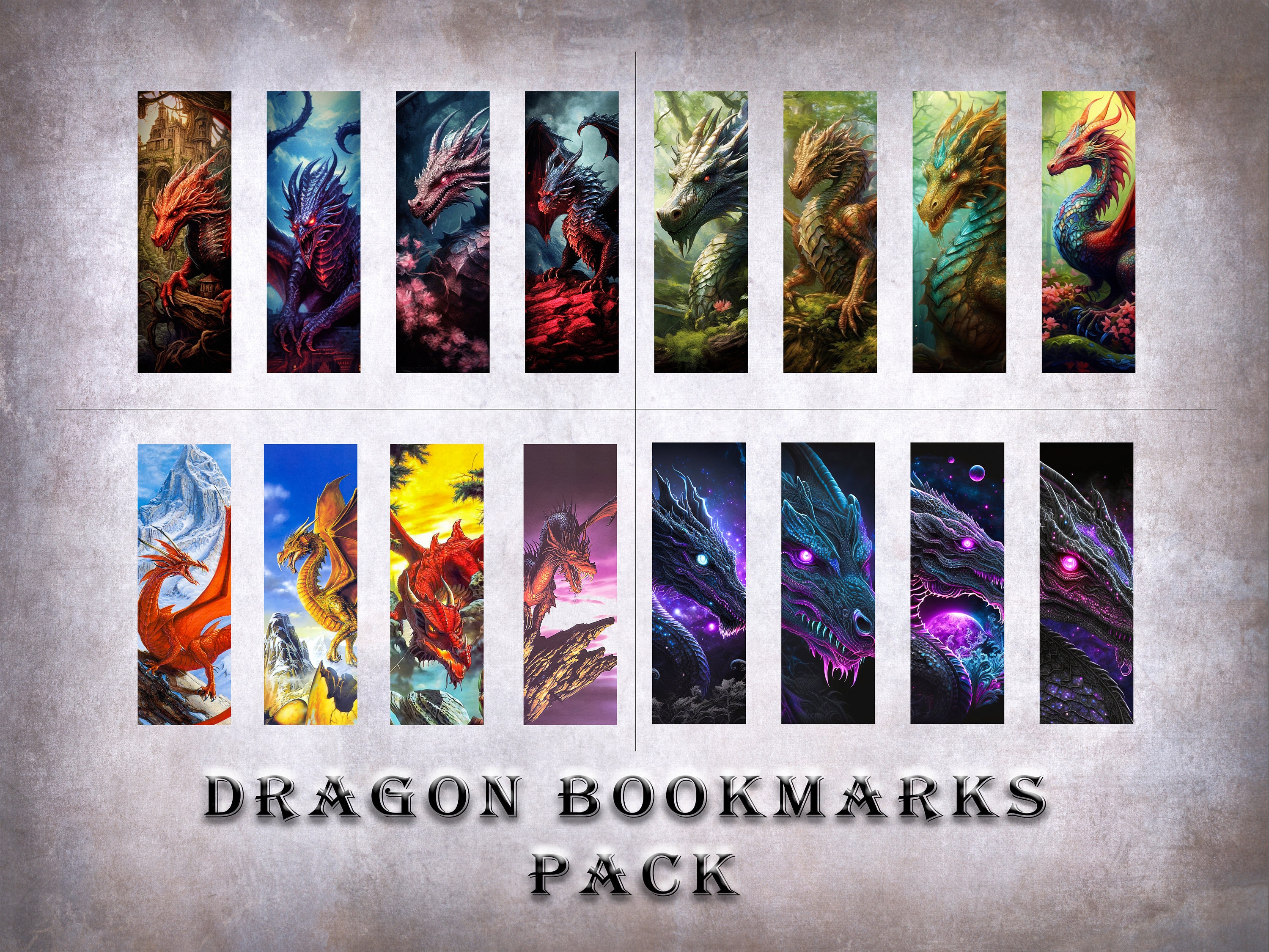 16 Printable Dragon Bookmarks | Set of 16 Bundle | Fantasy Bookmark ...