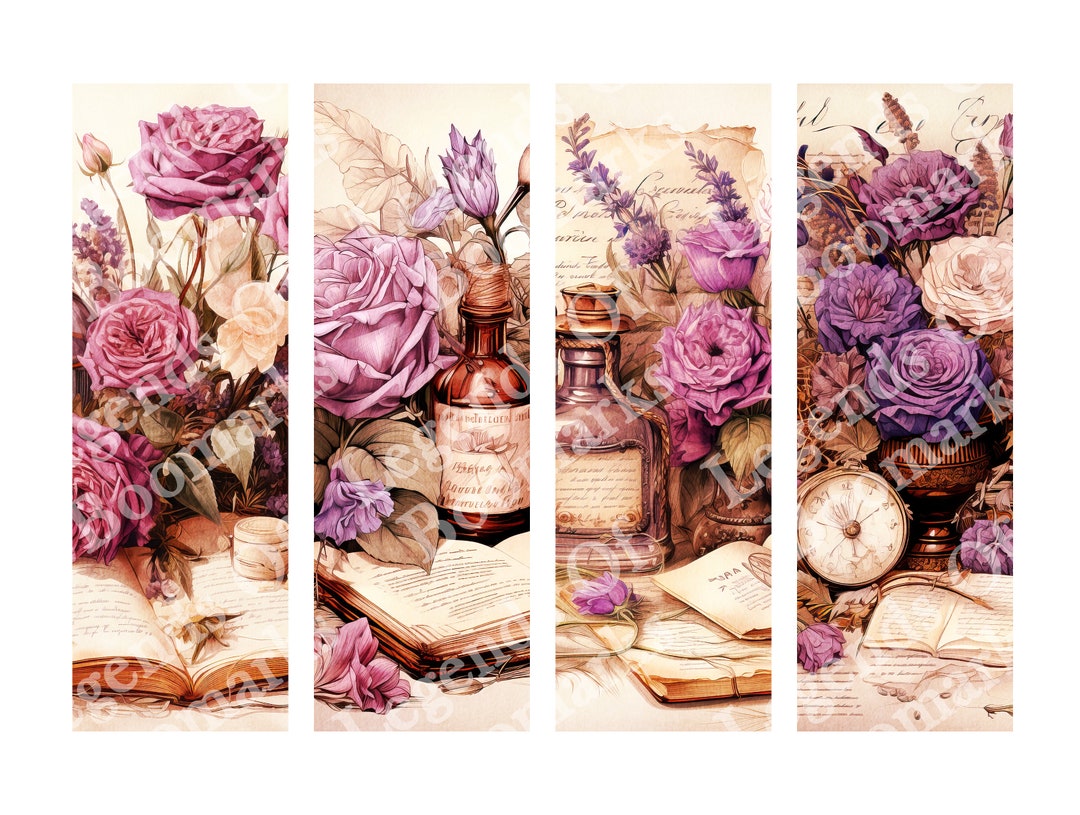 Printable Purple Gothic Roses Bookmarks | Set of 4 Bookmark | Purple ...