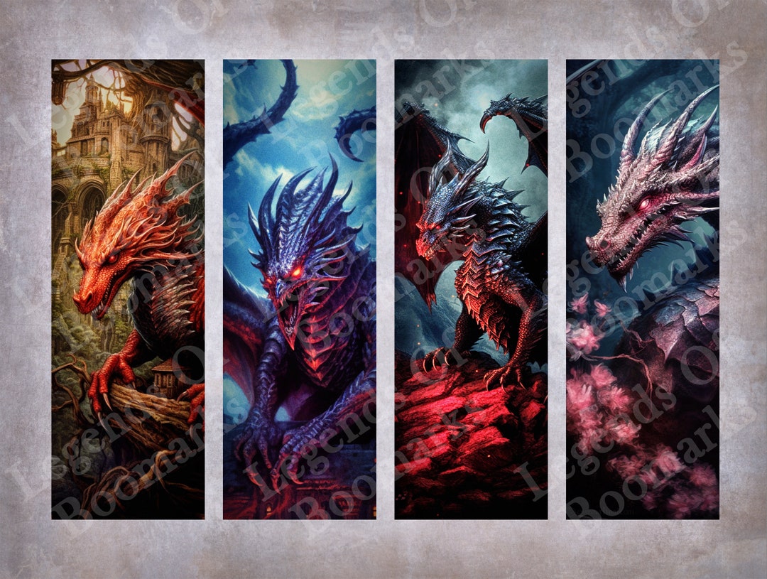 Printable Dragon Bookmarks | Set of 4 Bundle | Gothic Dragon Bookmark ...