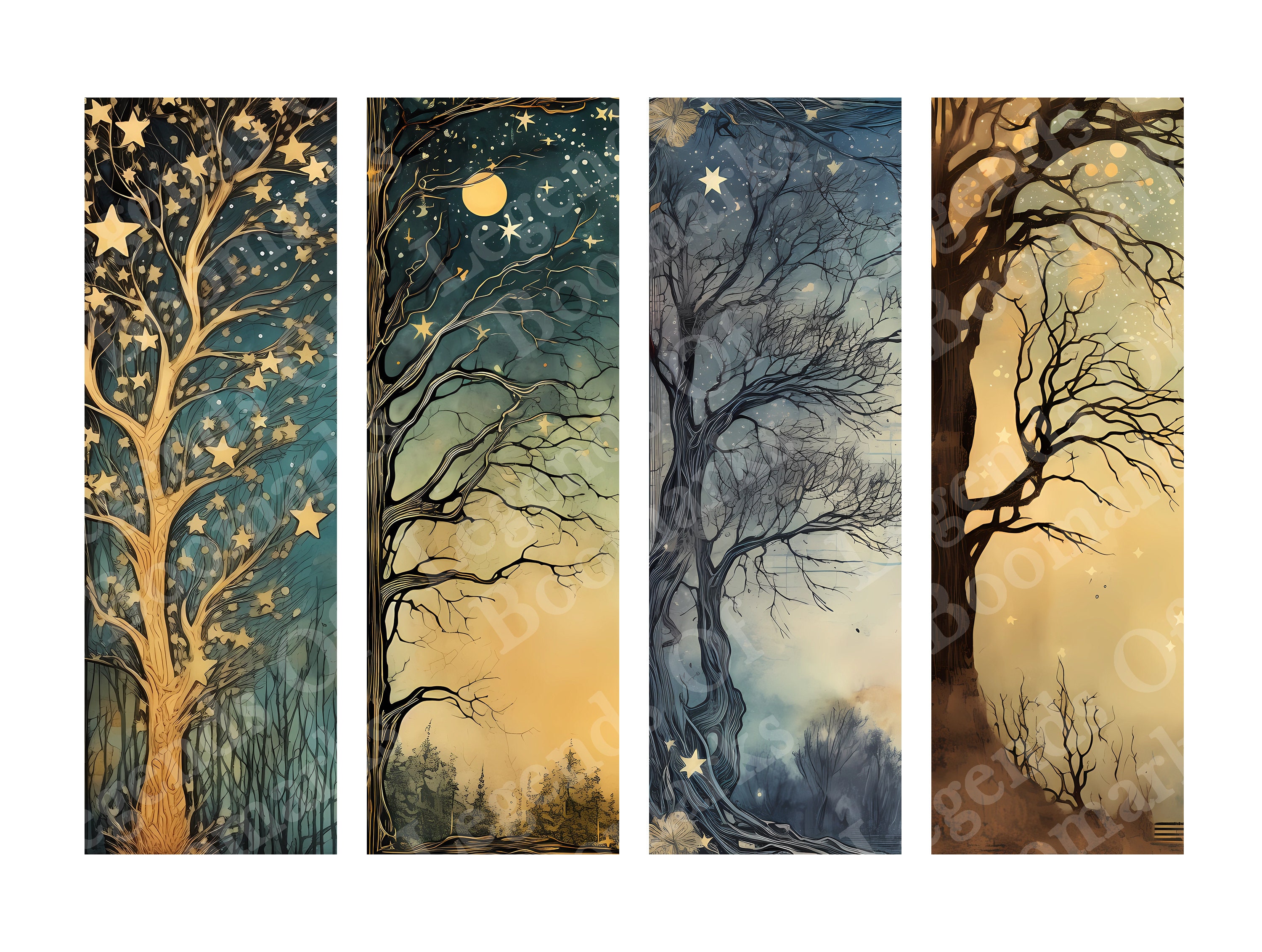 Printable Whimsical Starry Night Bookmark | 4 Bookmark Set | Celestial ...