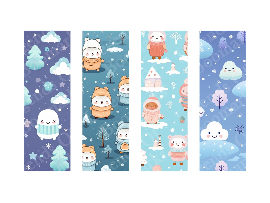 Printable Kawaii Winter Bookmarks 4 Bookmark Set Cute Kawaii Bookmarks ...
