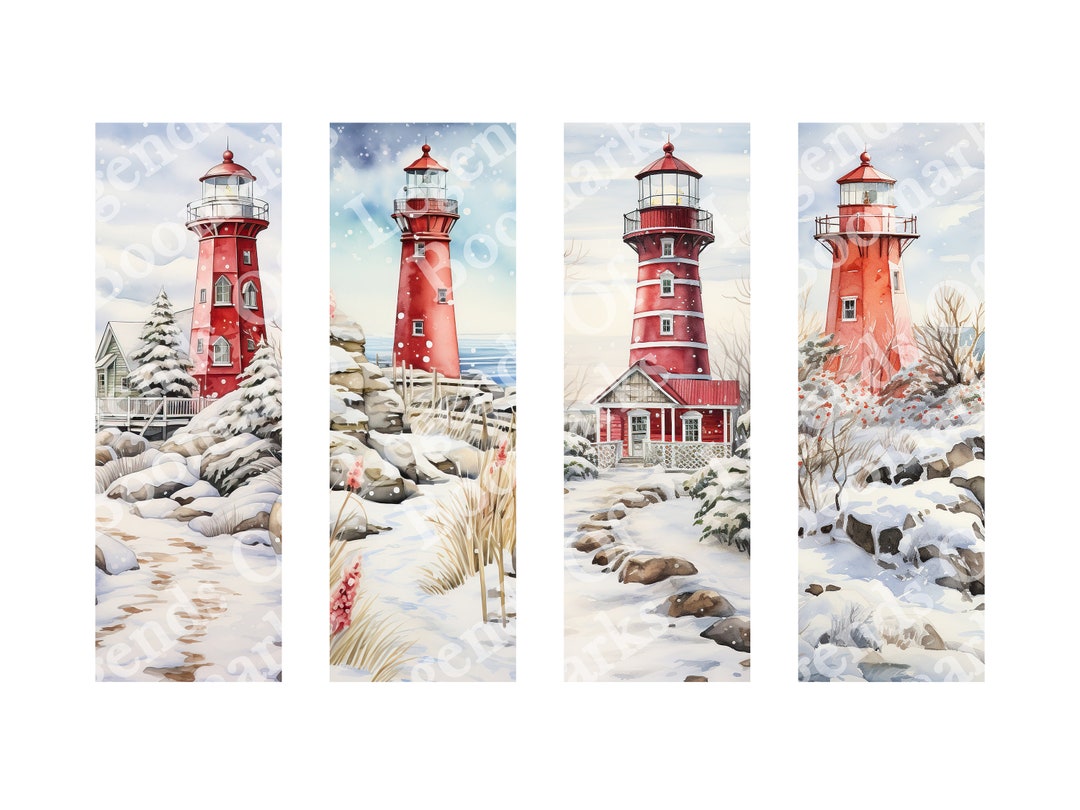 Printable Winter Lighthouse Bookmarks | Set of 4 Bookmark | Watercolor ...