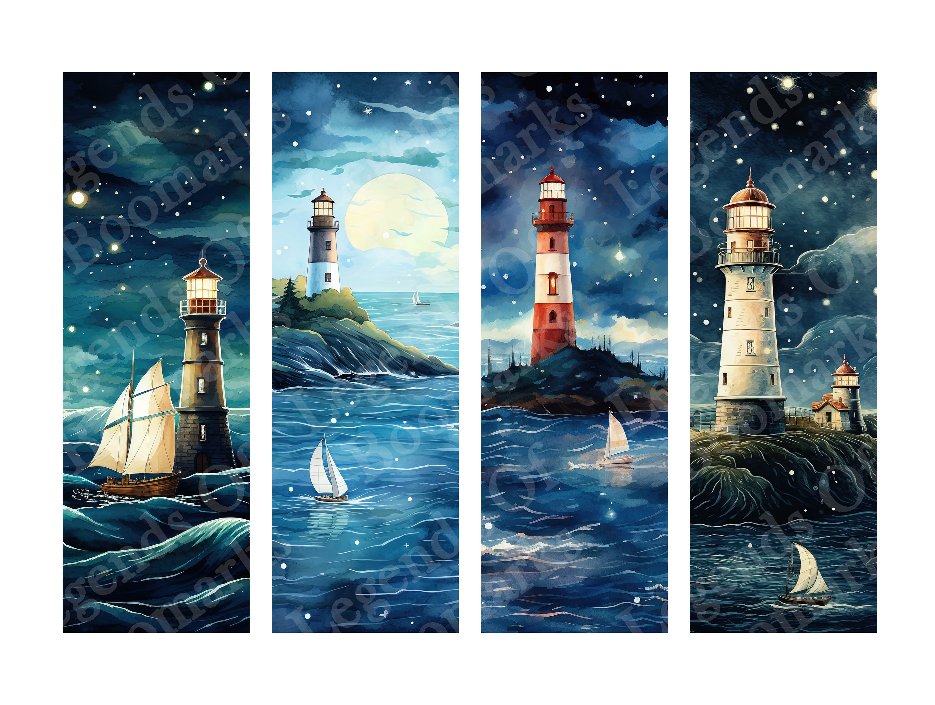 Printable Lighthouse Starry Night Bookmarks Set of 4 Bookmark Sail ...