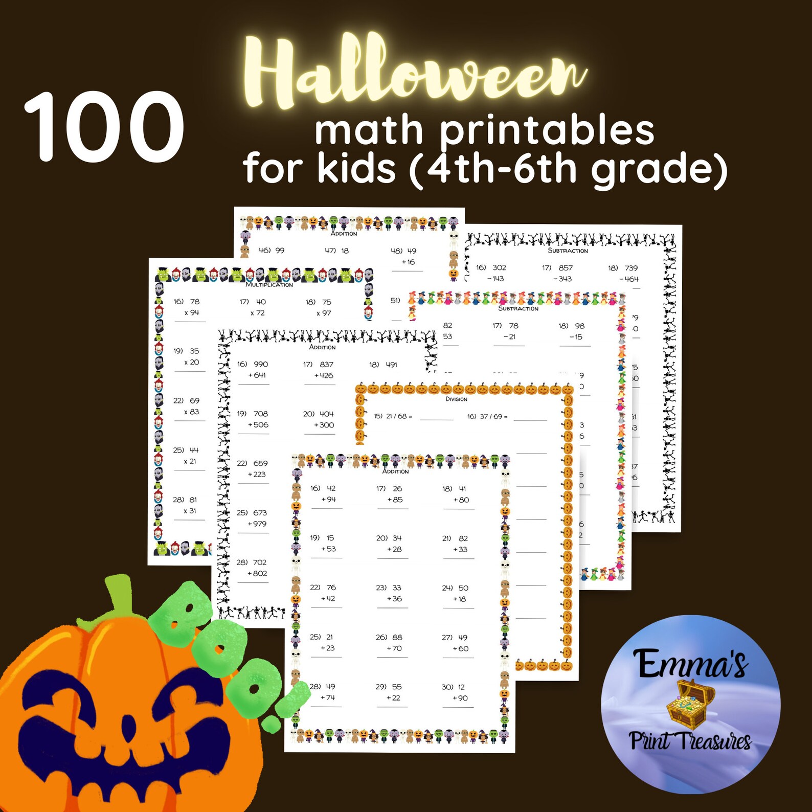 Halloween Math Printables for Kids| 4th to 6th Grade| Addition ...