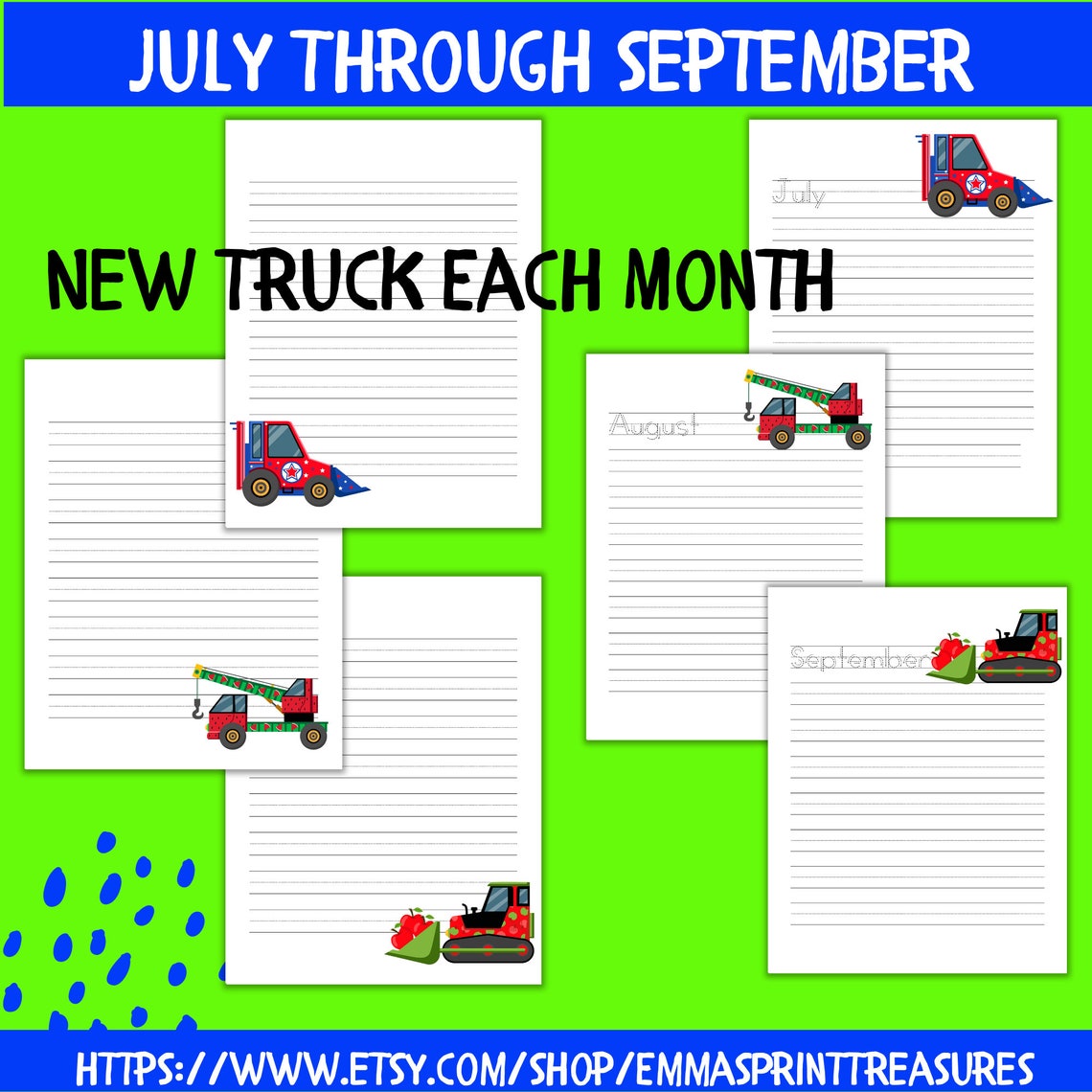 A Year of Trucks Writing Paper for Kids| 24 Practice Pages for Age 3-8 ...
